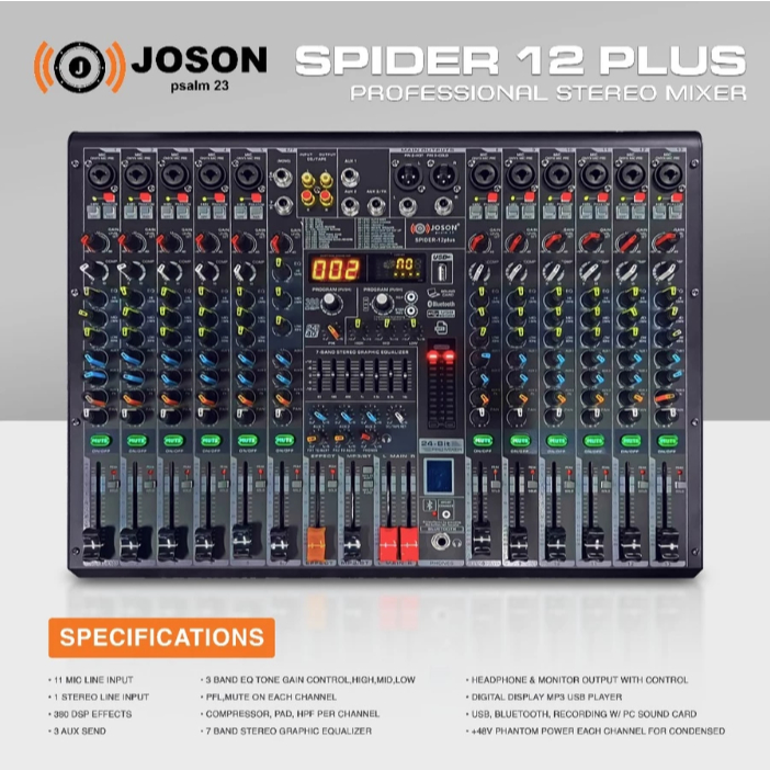 Joson Spider Plus 12 Channel Professional Powered Audio Mixer with 48+v ...