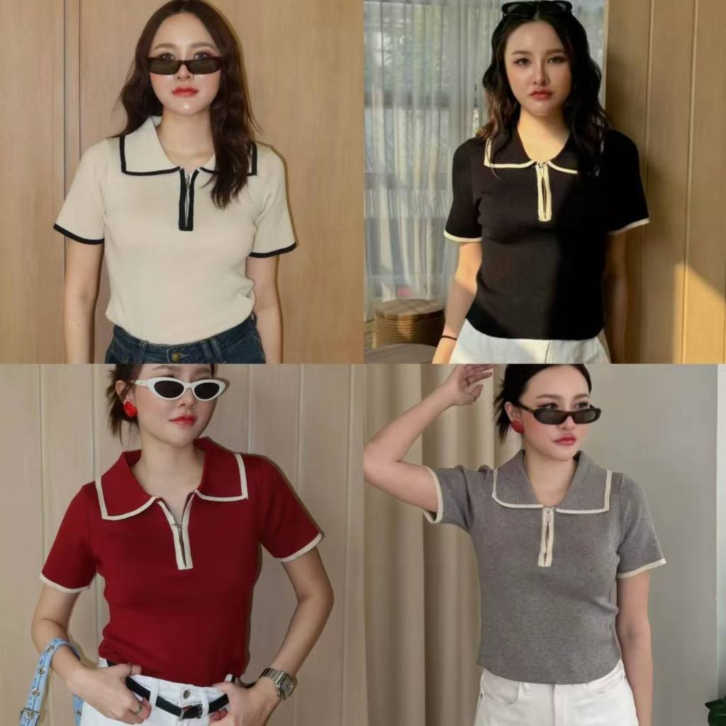 Miss M Zipper-up Collar Neck Two Tone Trim Knitted Top 838 | Shopee ...