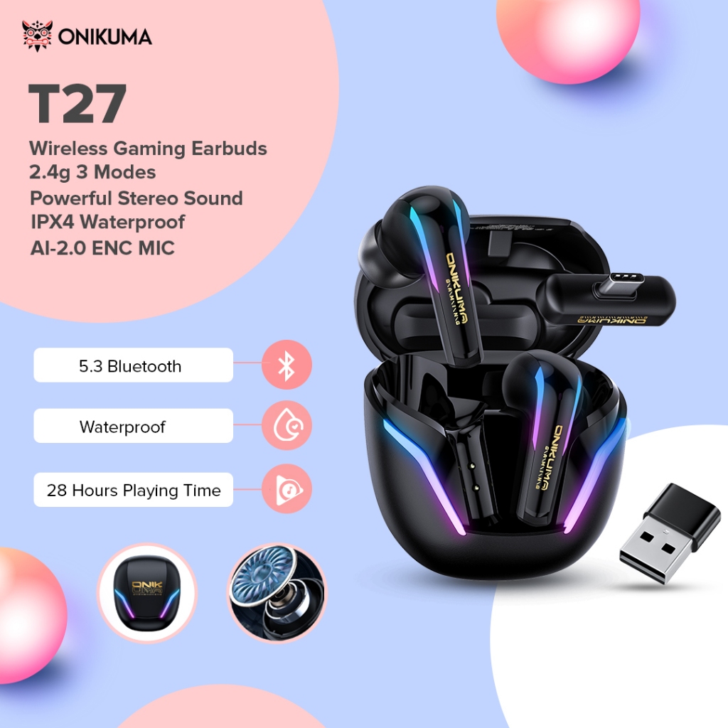 Onikuma T27 Wireless Earphones Dual Mode 2.4G Gaming Headsets Buetooth ...