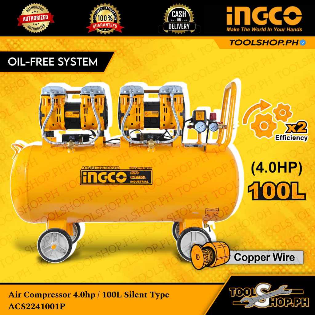 INGCO Air Compressor 4hp/100L Silent Type and Oil Free 100% Pure Copper ...