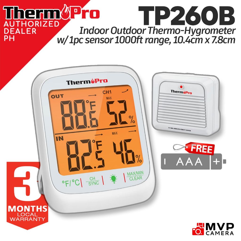 THERMOPRO TP260B Wireless Indoor Outdoor Thermometer Hygrometer 1000FT ...