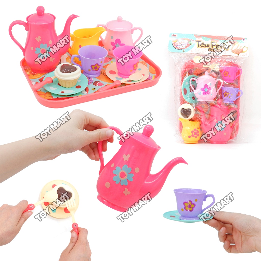 Flower Kids Tea Party Set Pretend Play Teapot, Cups & Saucers Toy ...