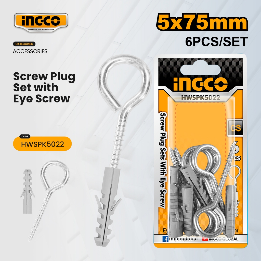 Ingco 5x75mm Screw Plug Sets with Eye Screw Easy Installation HWSPK5022 ...