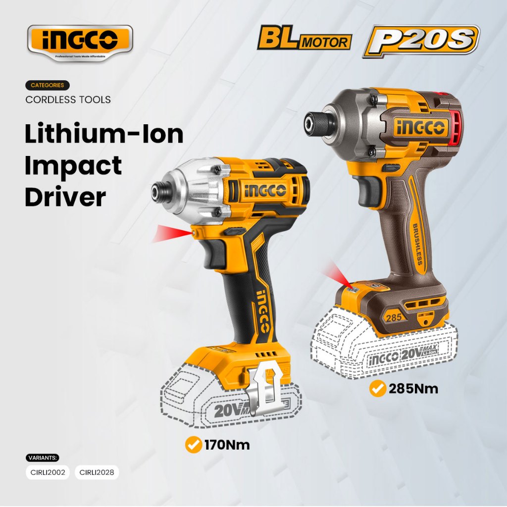 Ingco 170Nm / 285Nm 20V Cordless Brushless Impact Driver 1/4" Shank ...