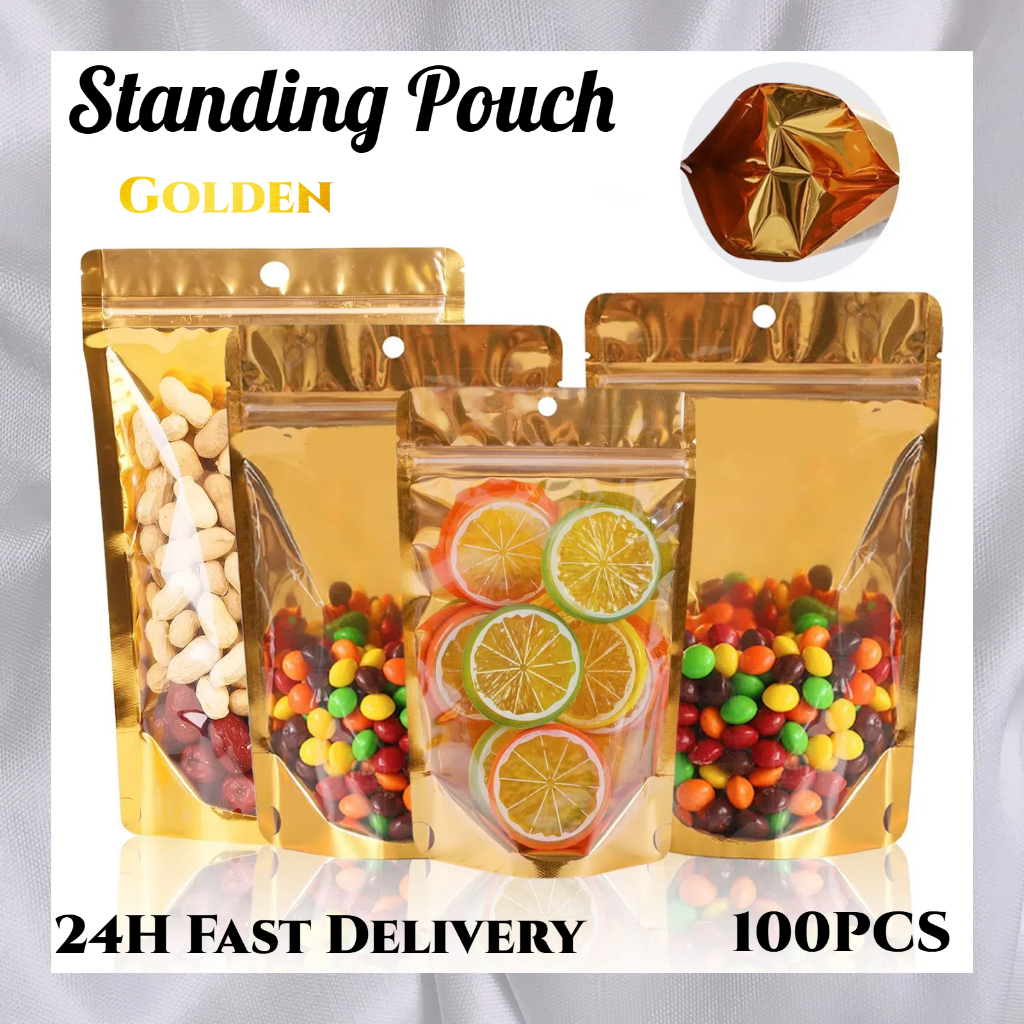 100pcs Half Gold Aluminum Clear Stand Up Pouch Packaging Resealable ziplock for cookies candy ...
