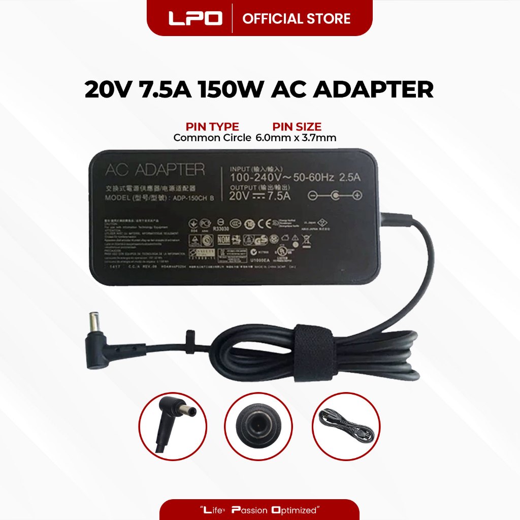 Asus 20V 7.5A 150W Common Circle 6.0mm x 3.7mm Slim Type Laptop Charger ...