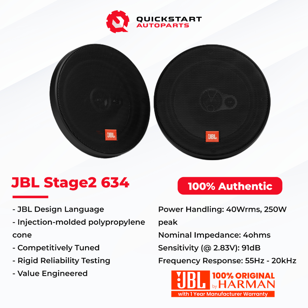 JBL Stage2 634 Car Speakers Coax 3-Way (6.5" 40W RMS 4Ω) | Shopee Philippines