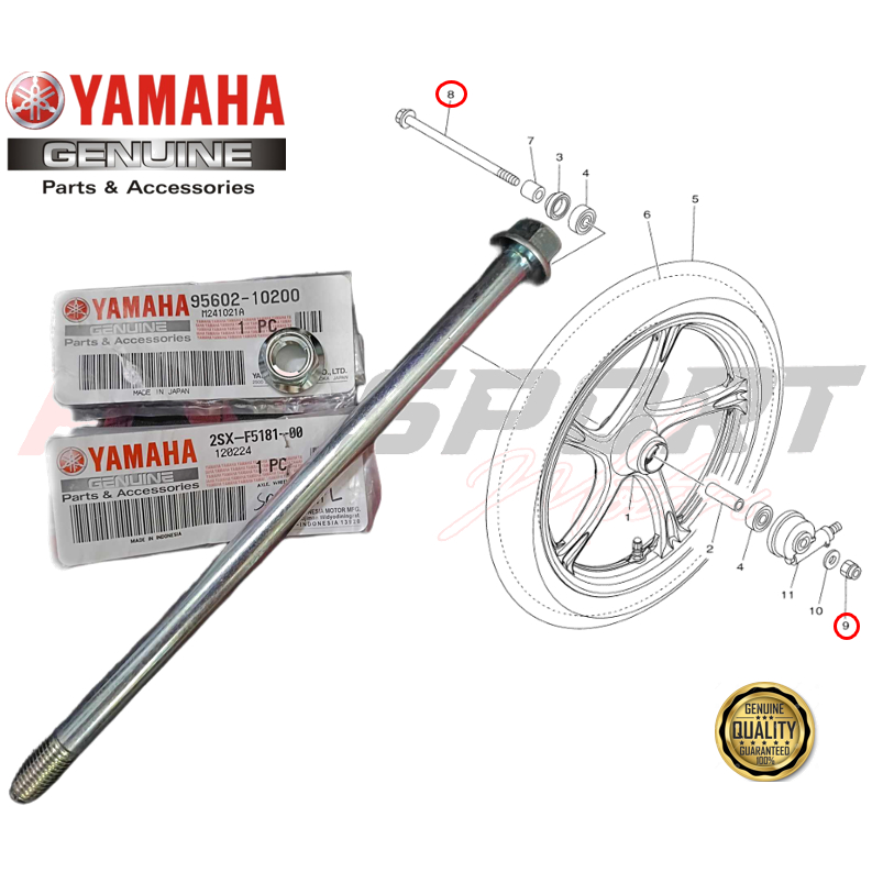 FRONT WHEEL AXLE AND NUT FOR MIO SOUL I 125 / MIO GEAR YAMAHA GENUINE ...