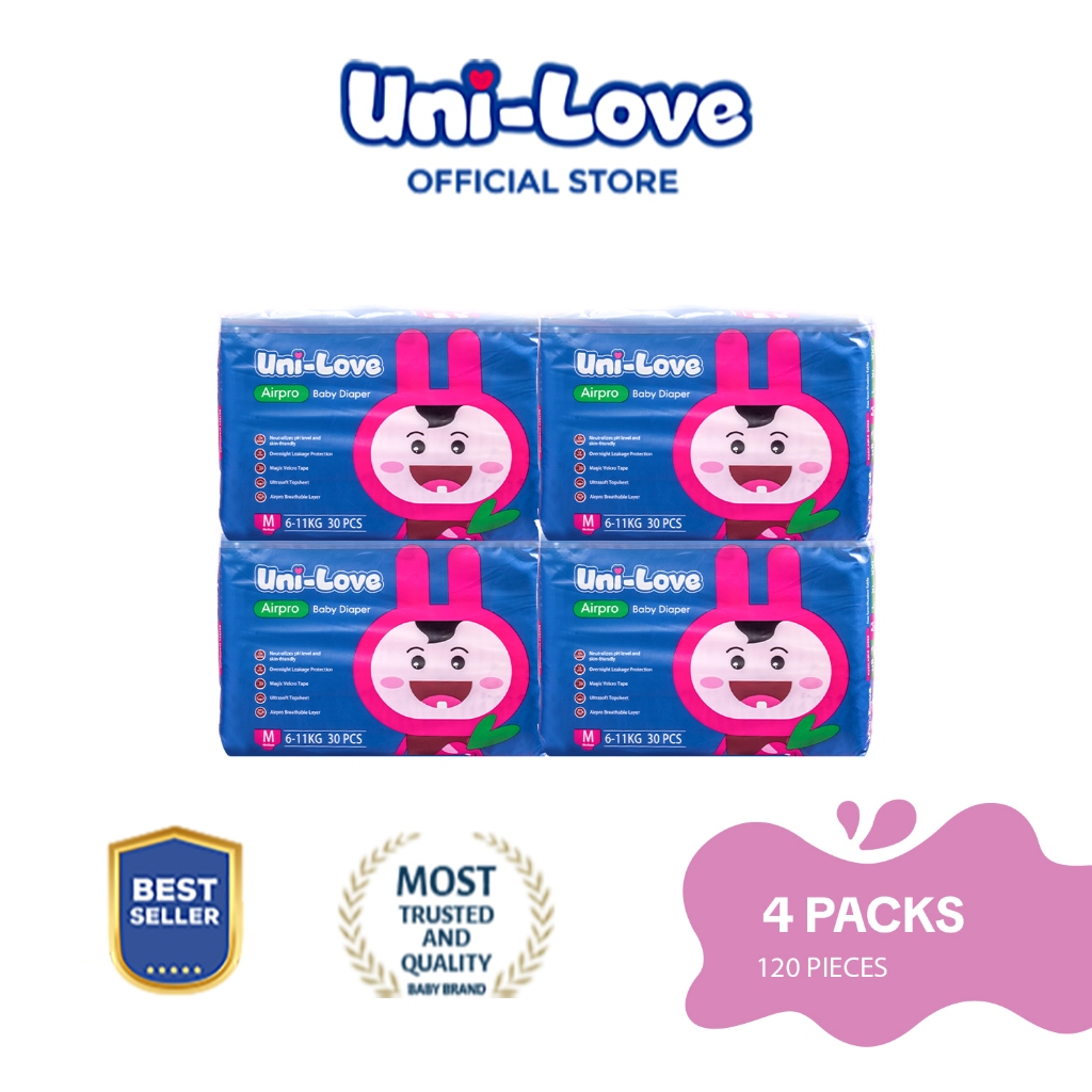 UniLove Airpro Baby Diaper 30's (Medium) Pack of 4 - Hypoallergenic ...