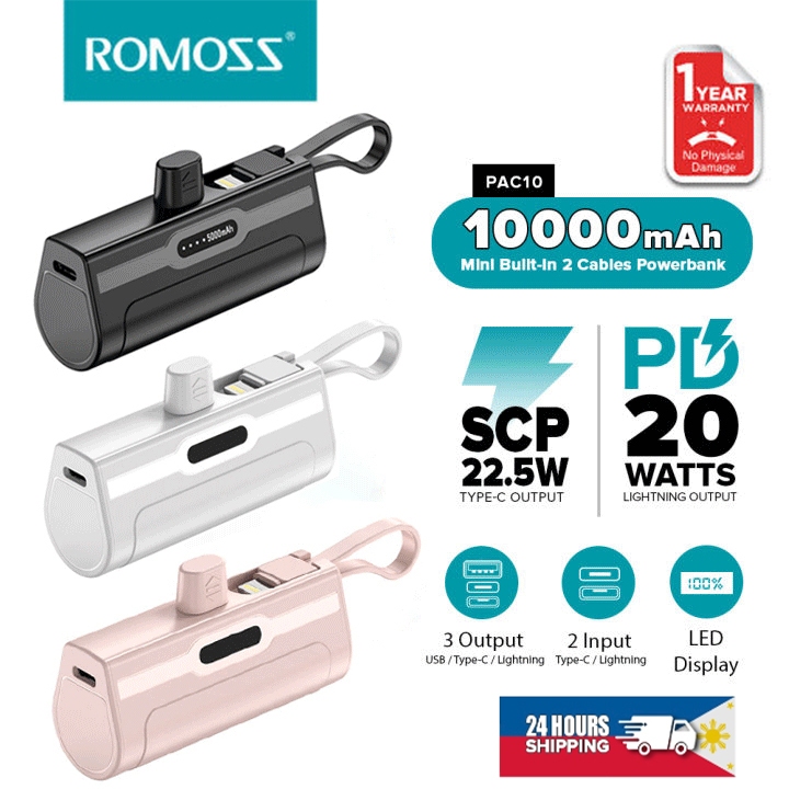 𝗥𝗢𝗠𝗢𝗦𝗦 Powerbank 10000mAh 15W Fast Charging Built In Cable Suitable For ...