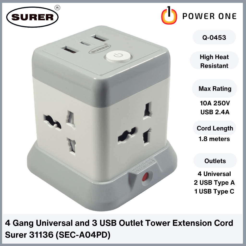 SURER 31136 Tower Extension Cord 4 Gang Universal Outlet & 3 USB (2 ...