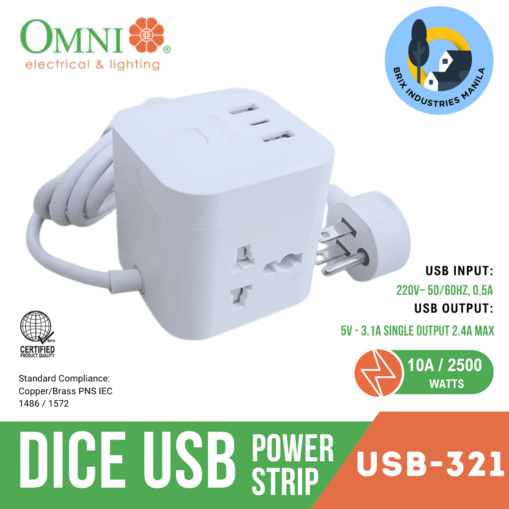 Omni Dice USB Power Strip Extension Cord USB-321 -6 Outlets (2pcs USB-A ...