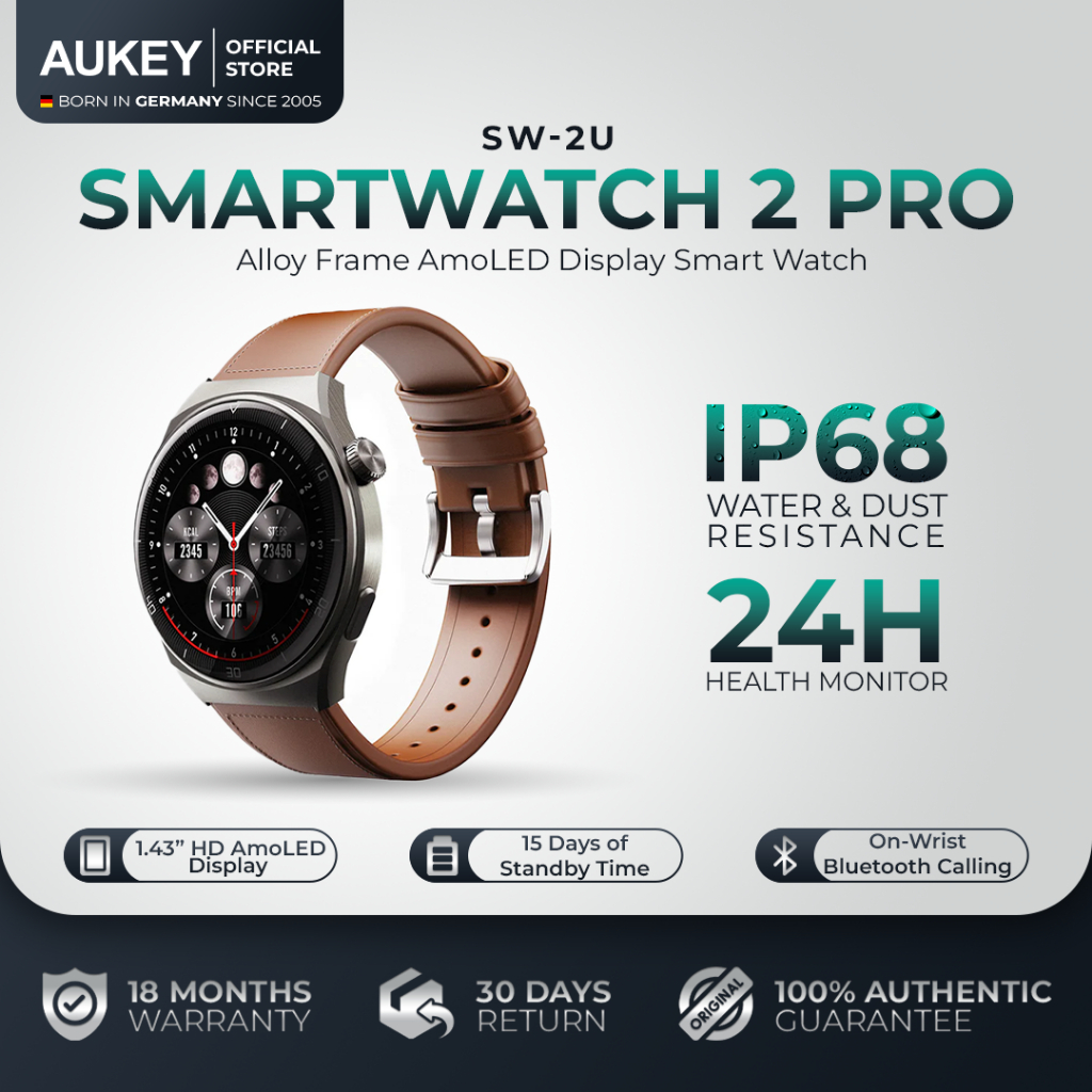 AUKEY SW-2U AMOLED Display Fitness Smart Watch Super IP68 Premium 1.43 ...