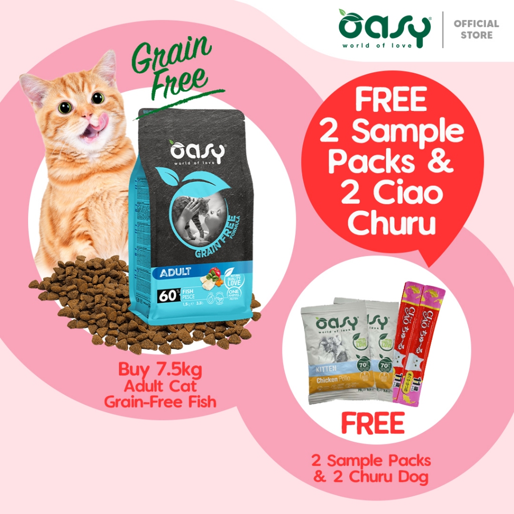 Oasy Grain-Free Adult Cat Fish 7.5kg with FREE 2pcs 70g Sample Packs & 2 Churu Cat | Shopee ...