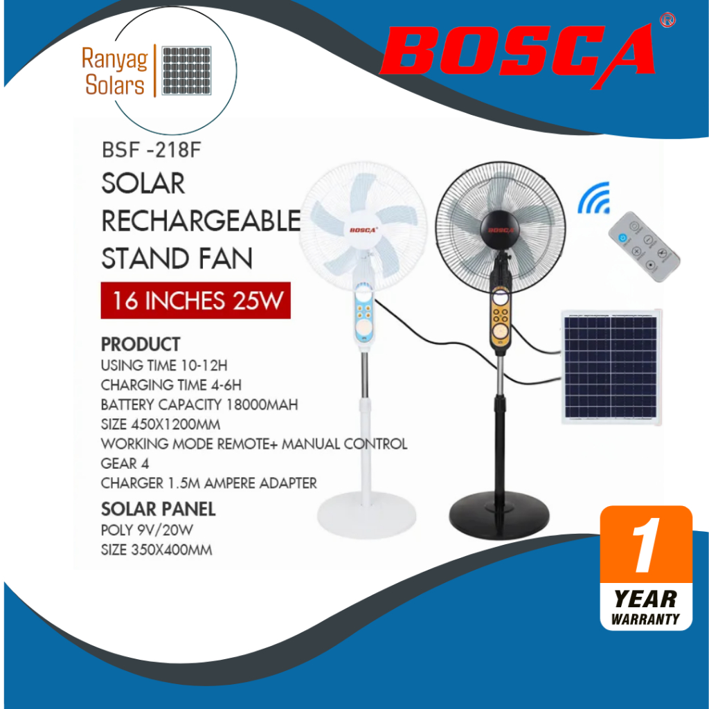 BOSCA Solar rechargeable fan 16 inches 25W Stand Fan Floor fan BSF-218F ...