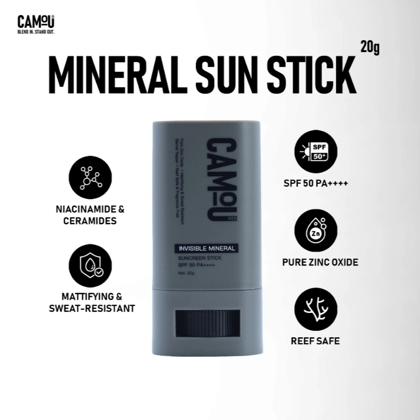 Camou Invisible Mineral Sunscreen Stick SPF50+ 20g Mattifying Sweat ...