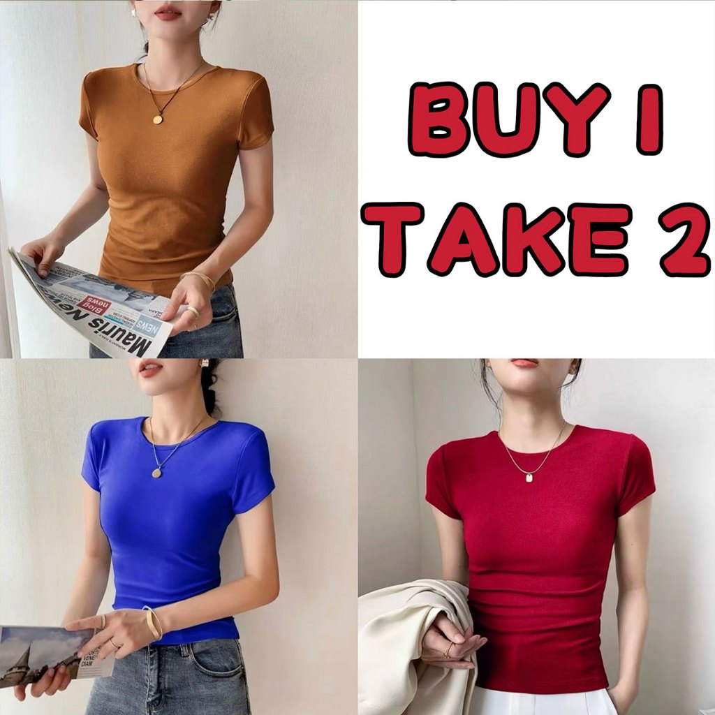 BUY 1 TAKE 2 (3PCS) Double Lining Tops Boatneck Basic Length Plain T ...