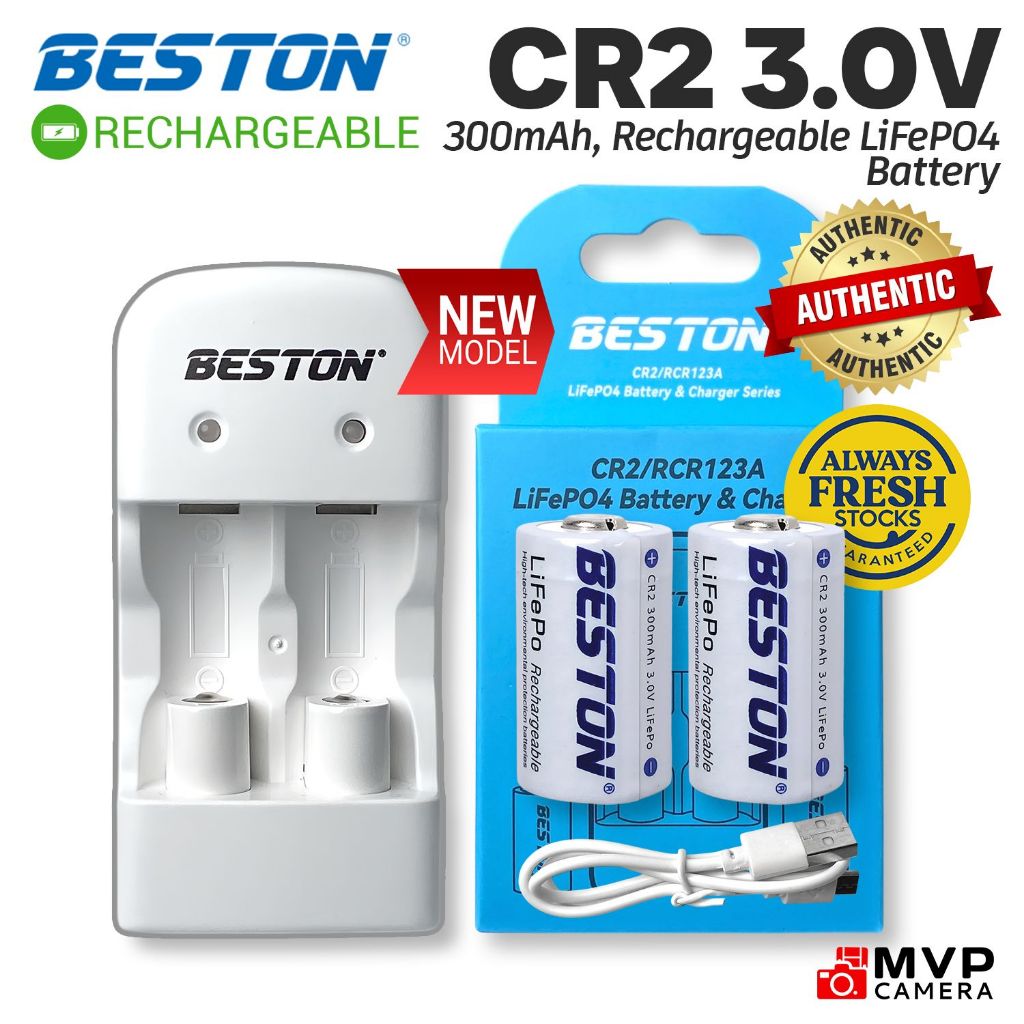 BESTON CR2 Rechargeable Battery 3.0 Volts 300mah LiFePO4 M7003 Charger New Model MVP CAMERA ...