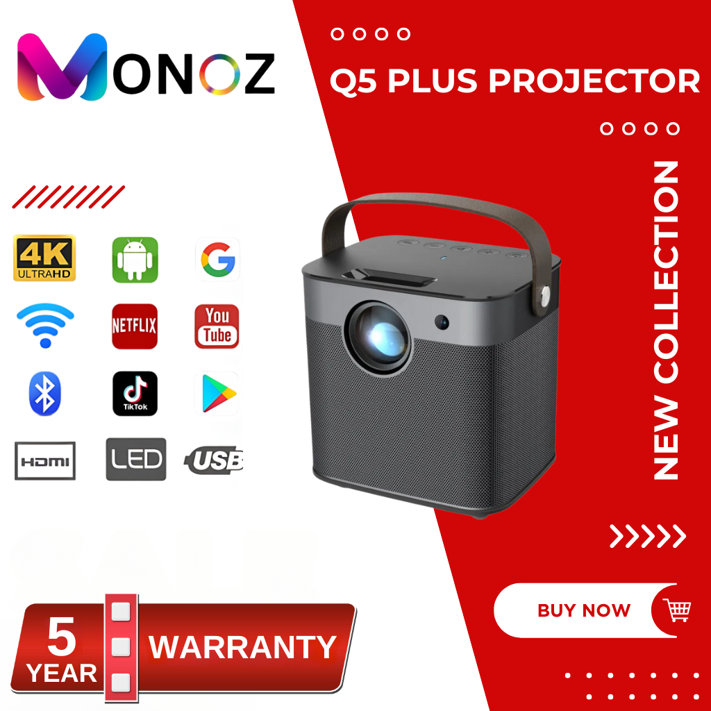 MONOZ Q5 Plus 4K Android Projector | 4500 Lumens | WiFi Bluetooth | Gaming & Movie Ready ...