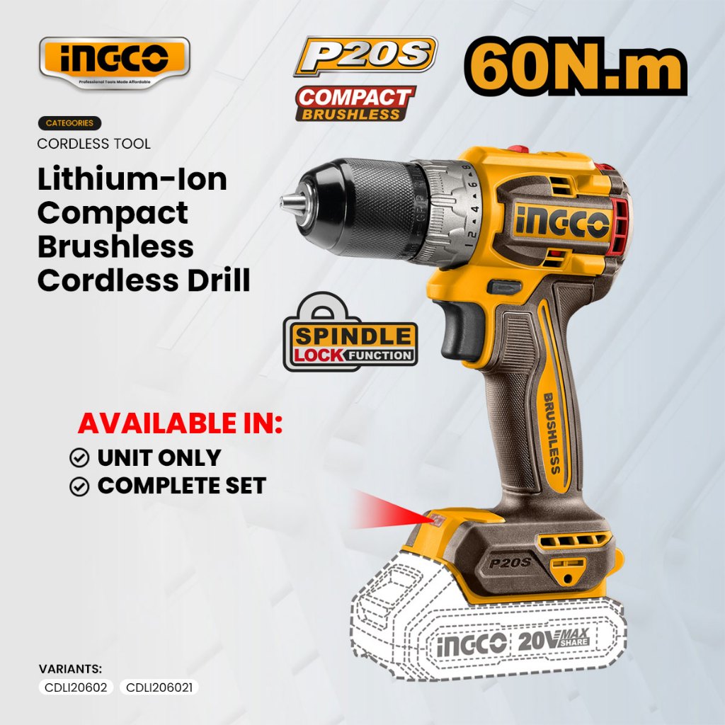 Ingco 20V 60Nm Compact Brushless Cordless Drill Driver Auto-Lock ...