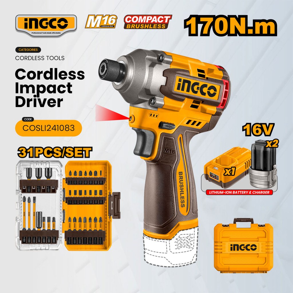 Ingco 170Nm 16V Compact Brushless Cordless Impact Driver Rechargeable ...