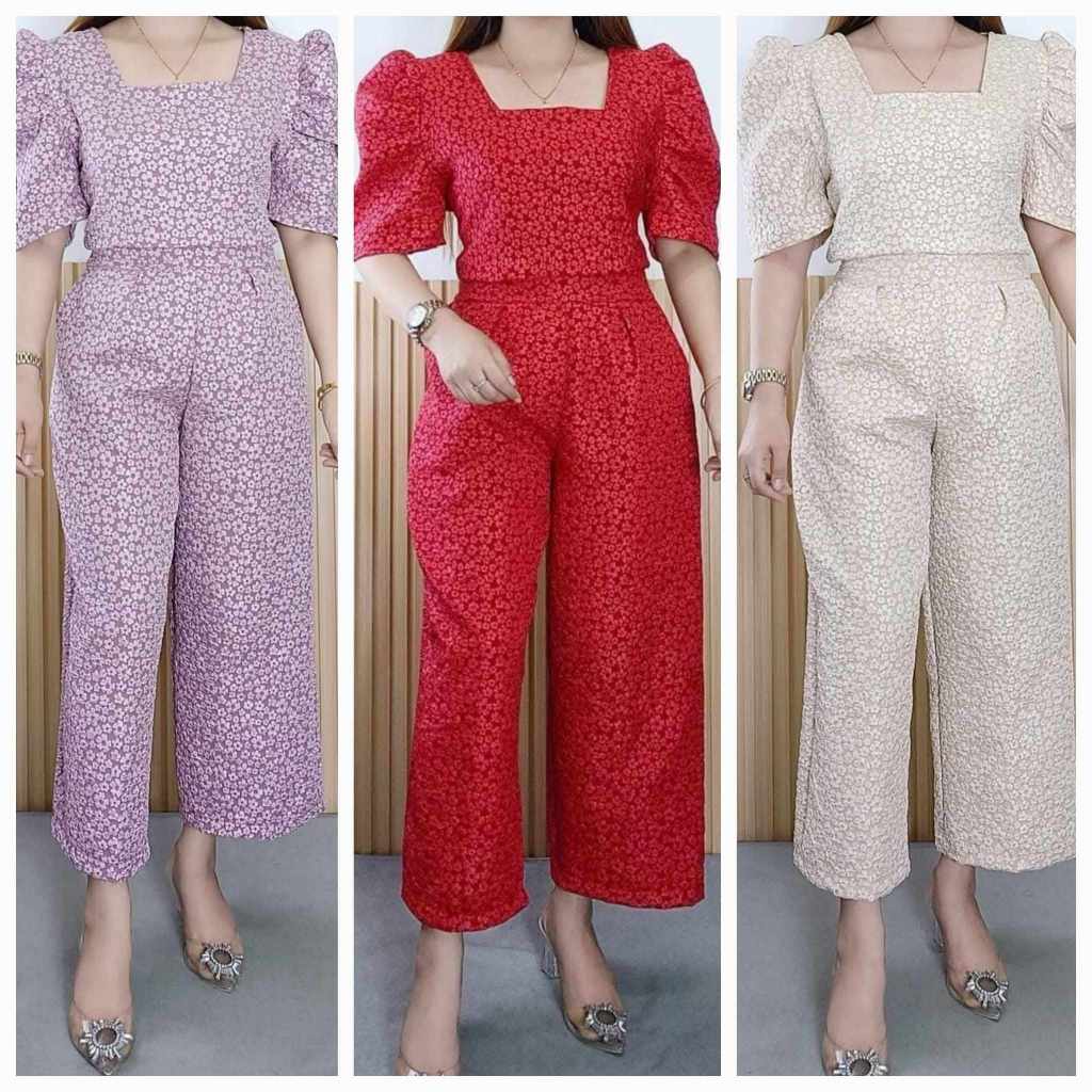 Dino Puff Sleeves Square Neck and Pants Set Terno Coordinates | Shopee ...