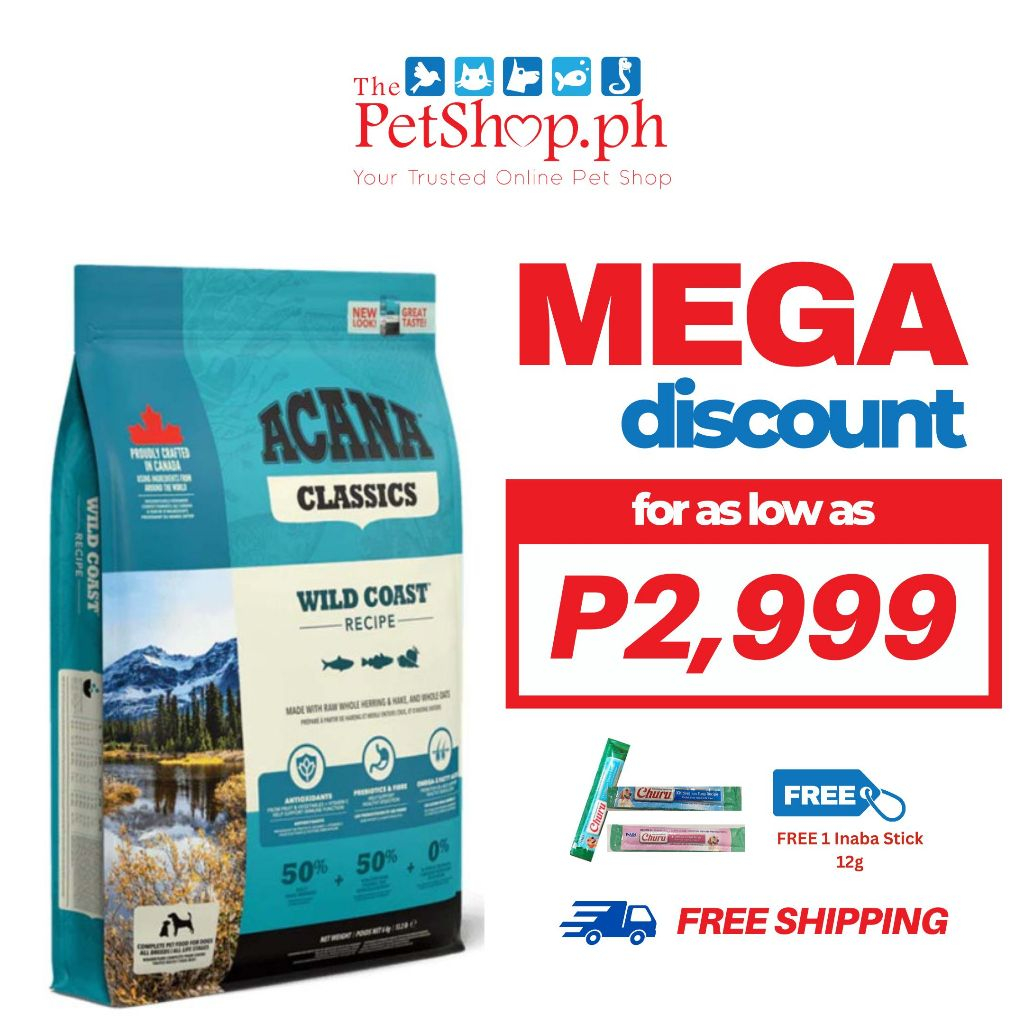 Acana Wild Coast 9.7kg Dry Dog (FREE 1 INABA CHURU Stick 12kg) Food All Breed and Life Stages ...