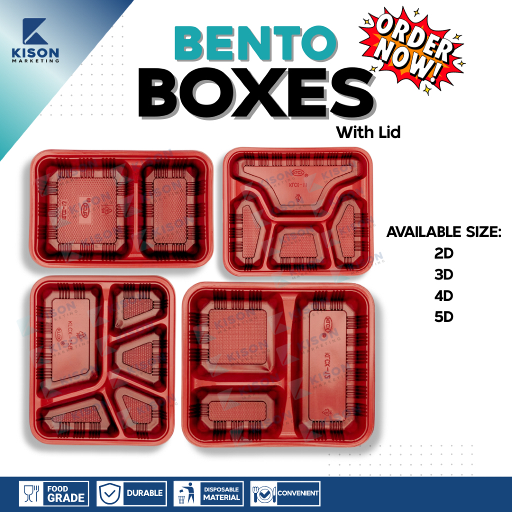 Red Bento Box With Back Cover 1/2/3/4/5 Grid Partition Takeaway ...