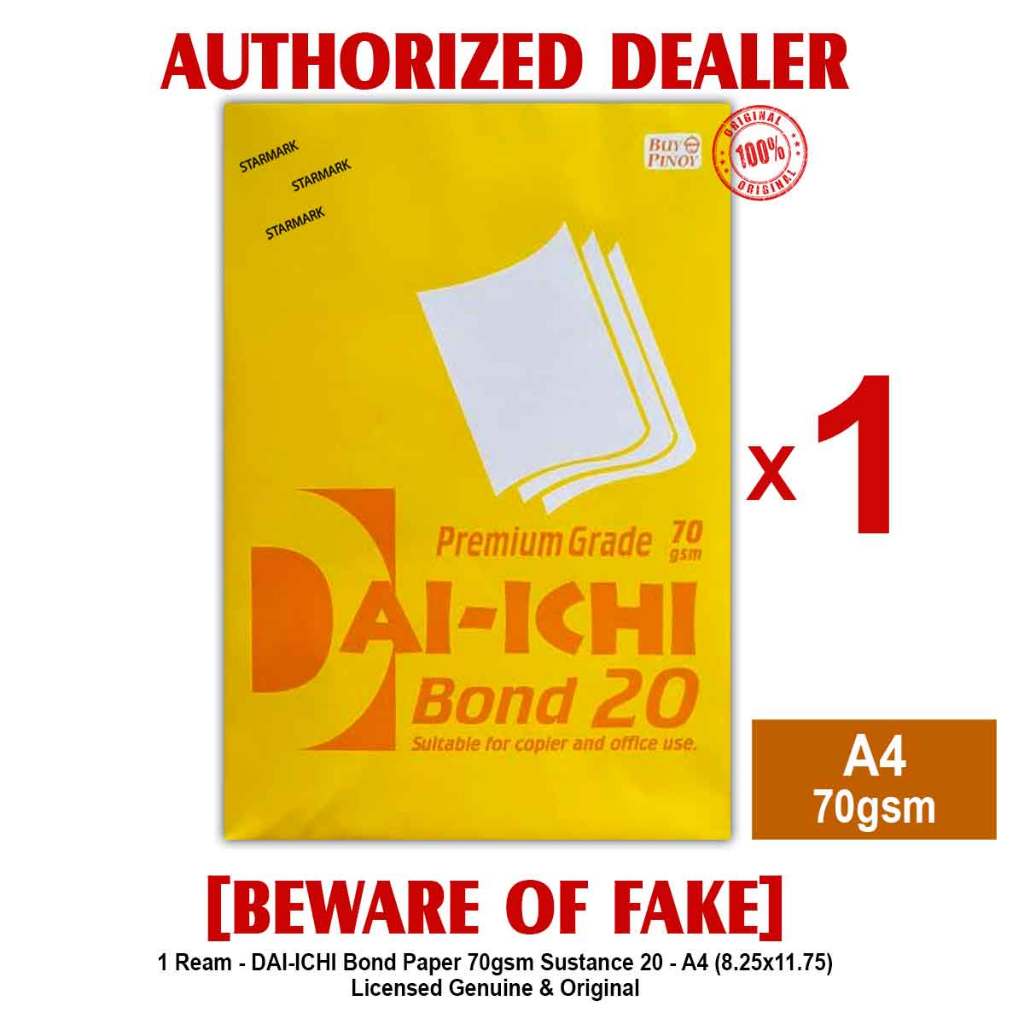 DAICHI Bond Paper Papers A4 - 8.25x11.75in 70gsm Sub. 20 DAI-ICHI Copy Paper YELLOW Label - 1 ...