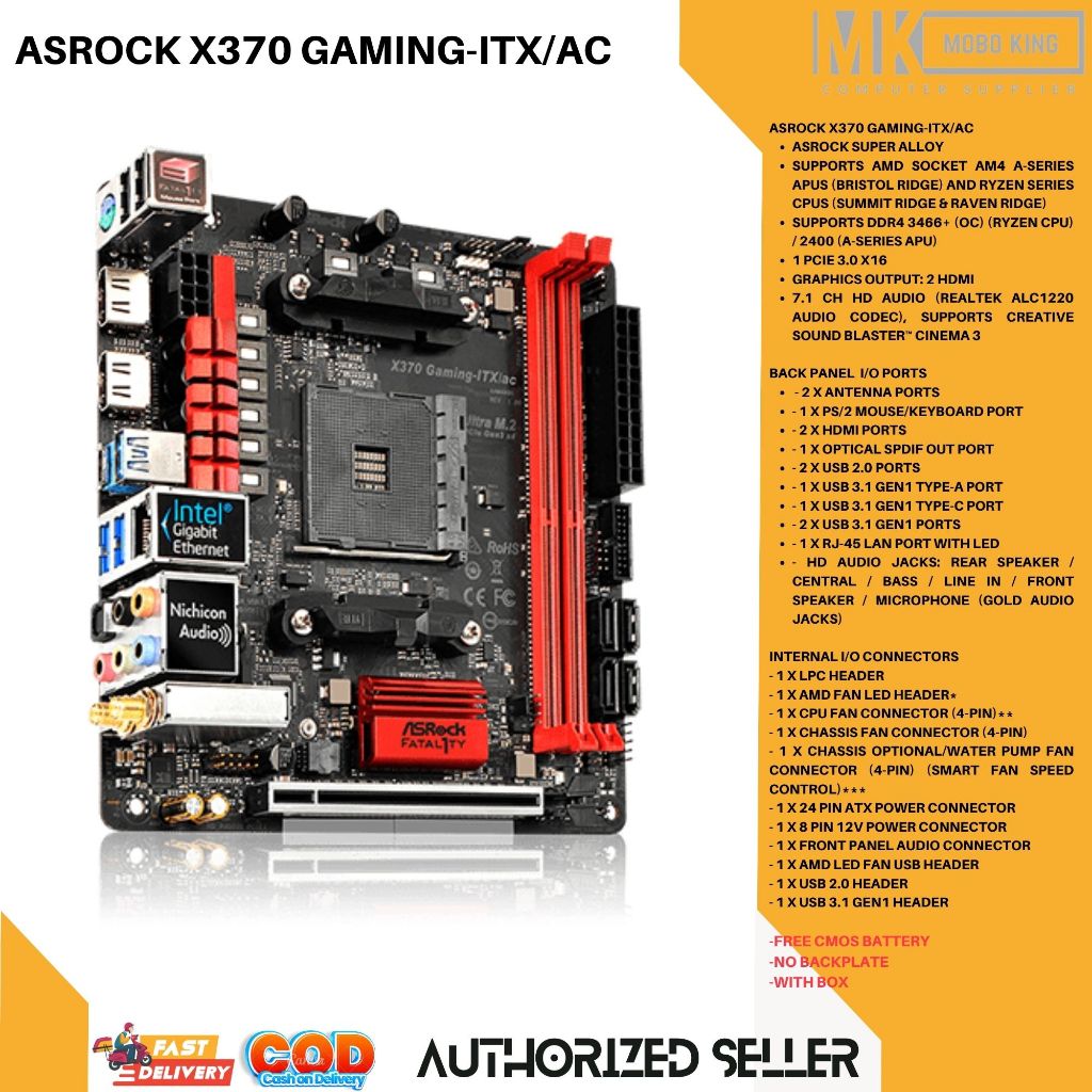 ASROCK X370 GAMING-ITX/AC Supports AMD Socket AM4 A-Series APUs (Bristol Ridge) and Ryzen Series ...