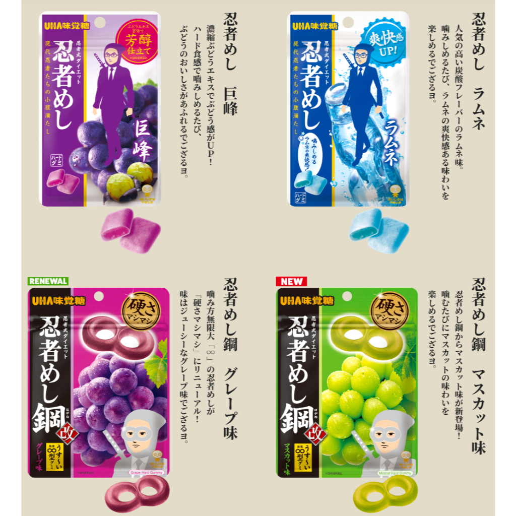 【UHA Mikakuto】Ninjameshi Ninja Meshi Gummy Candy 4 Flavors (Kyoho Grape, Ramune, Grape, Muscat ...