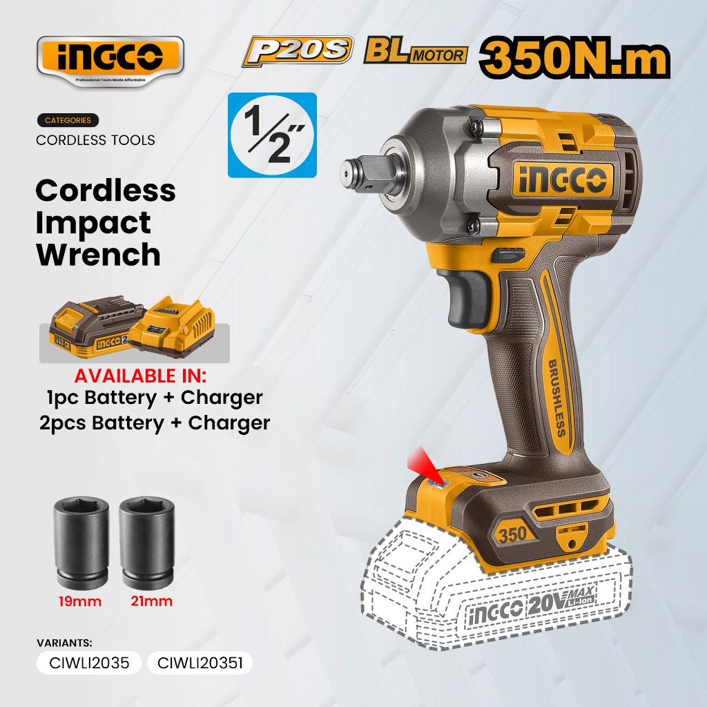 Ingco 350Nm 20V Brushless Cordless Impact Wrench 1/2" 3-Speed ...