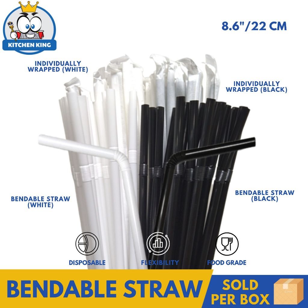 [50 PACKS] Bendable Straw BLACK | WHITE | Plastic Straw (Individually ...