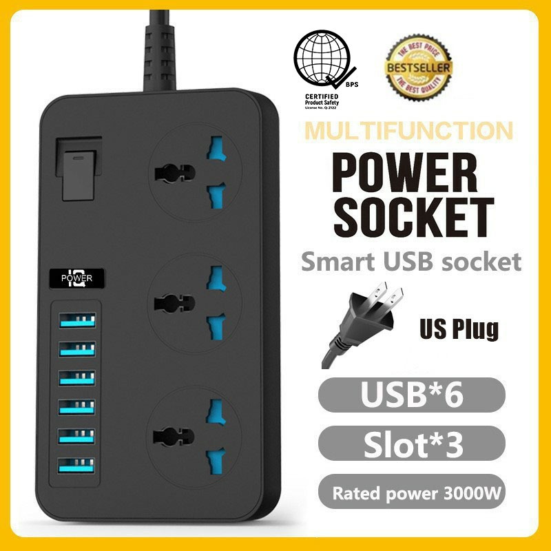 Multifunctional 3.1A Fast Universal Power Socket Extension With 3 Ac Sockets And 6 Usb Ports ...