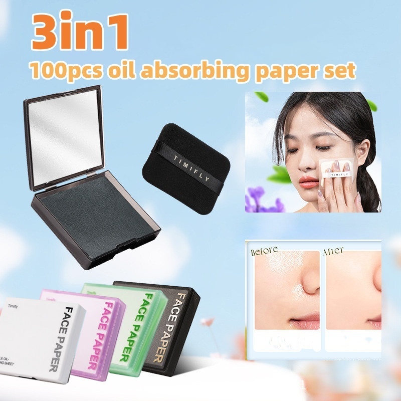 Facial oil-absorbing paper with powder puff and mirror refreshing ...