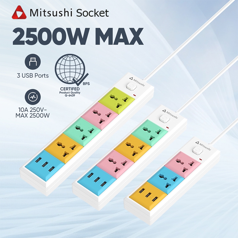 Mitsushi 2500W Extension Socket 2/3/4 Sockets Power Strip Socket USB ...