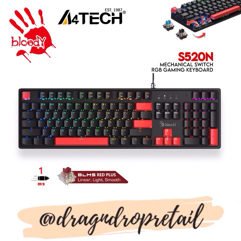 A4TECH BLOODY S520N Mechanical Switch RGB Gaming Keyboard, Hot ...