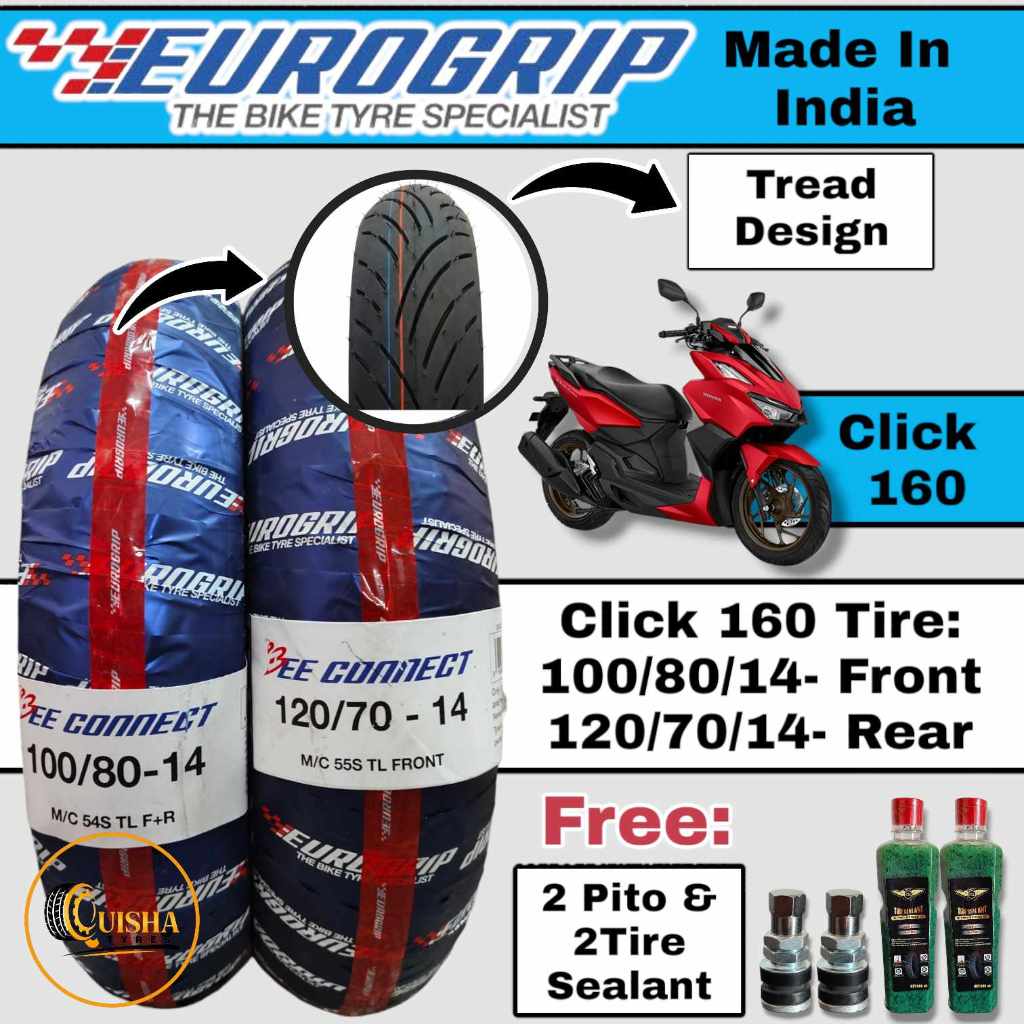 EUROGRIP TIRES TUBELESS MADE INDIA FOR CLICK 160, 100/80-14 & 120/70-14 ...