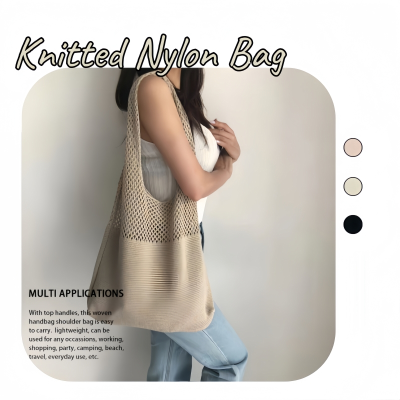 COD Knitting Shoulder Bag Beach Shopping Bag Ins Daily Hollow Woven Bag ...
