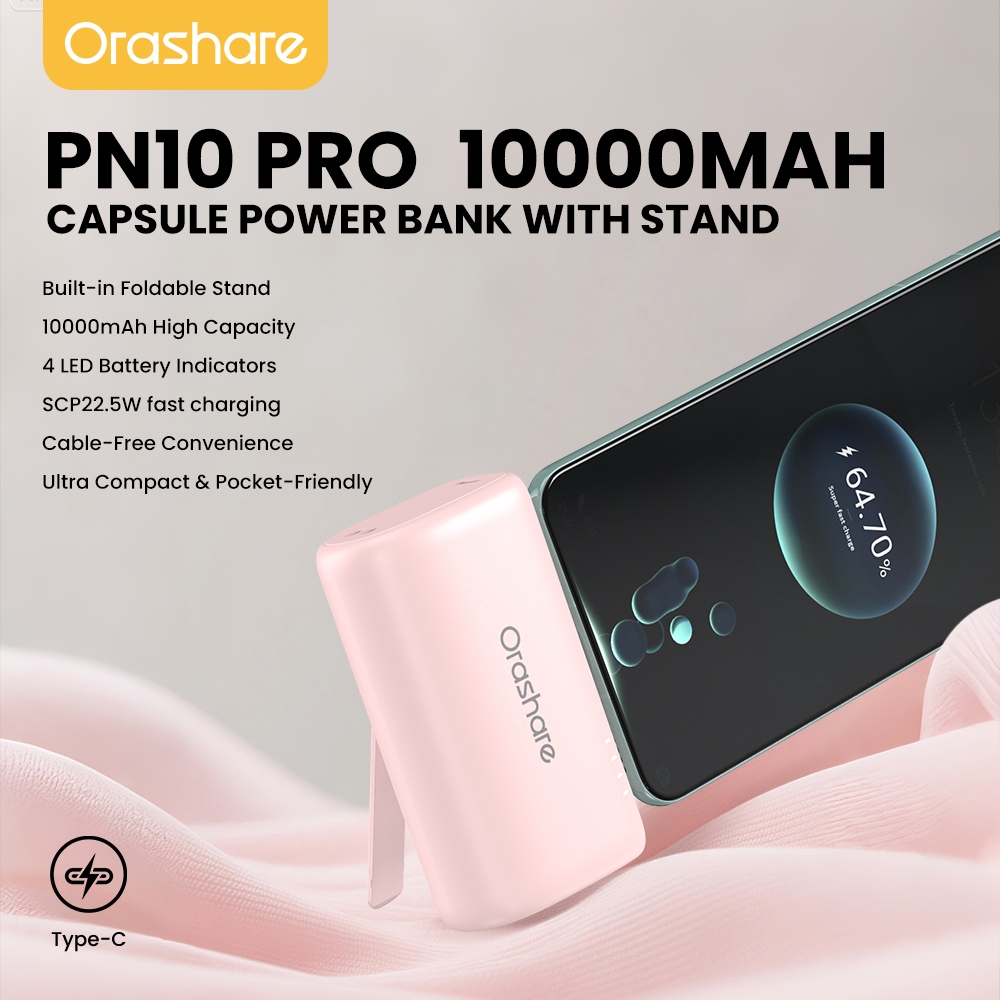 Orashare PN10Pro 10000mAh Powerbank with Stand PD20W/SC22.5W Fast Charging Built-in Type-C/iP ...