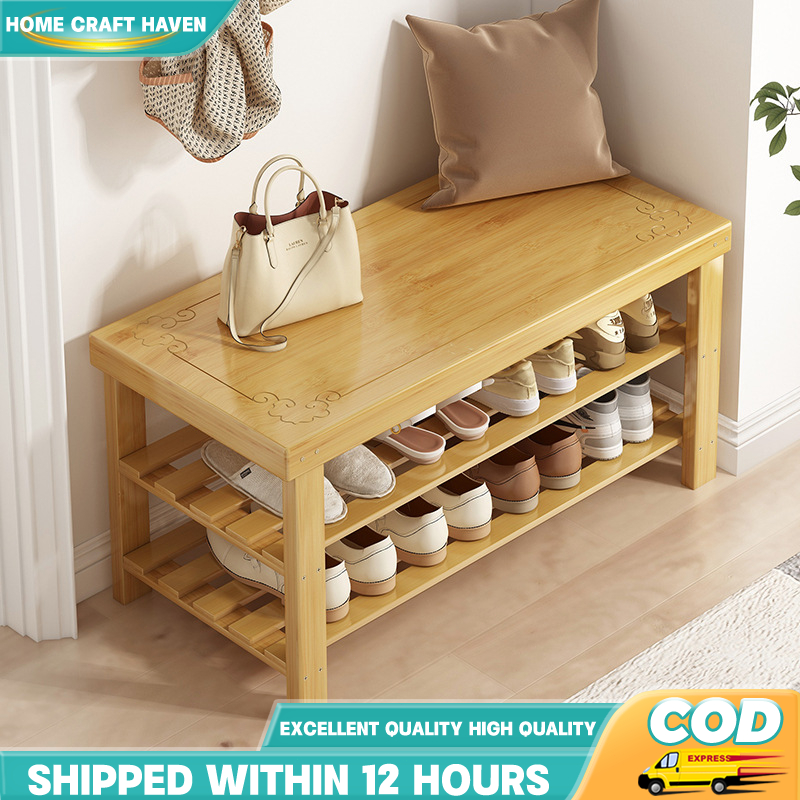 70/100CM 2 Layer Bamboo Shoe Stool Cabinet Shoe Rack Stool Storage ...
