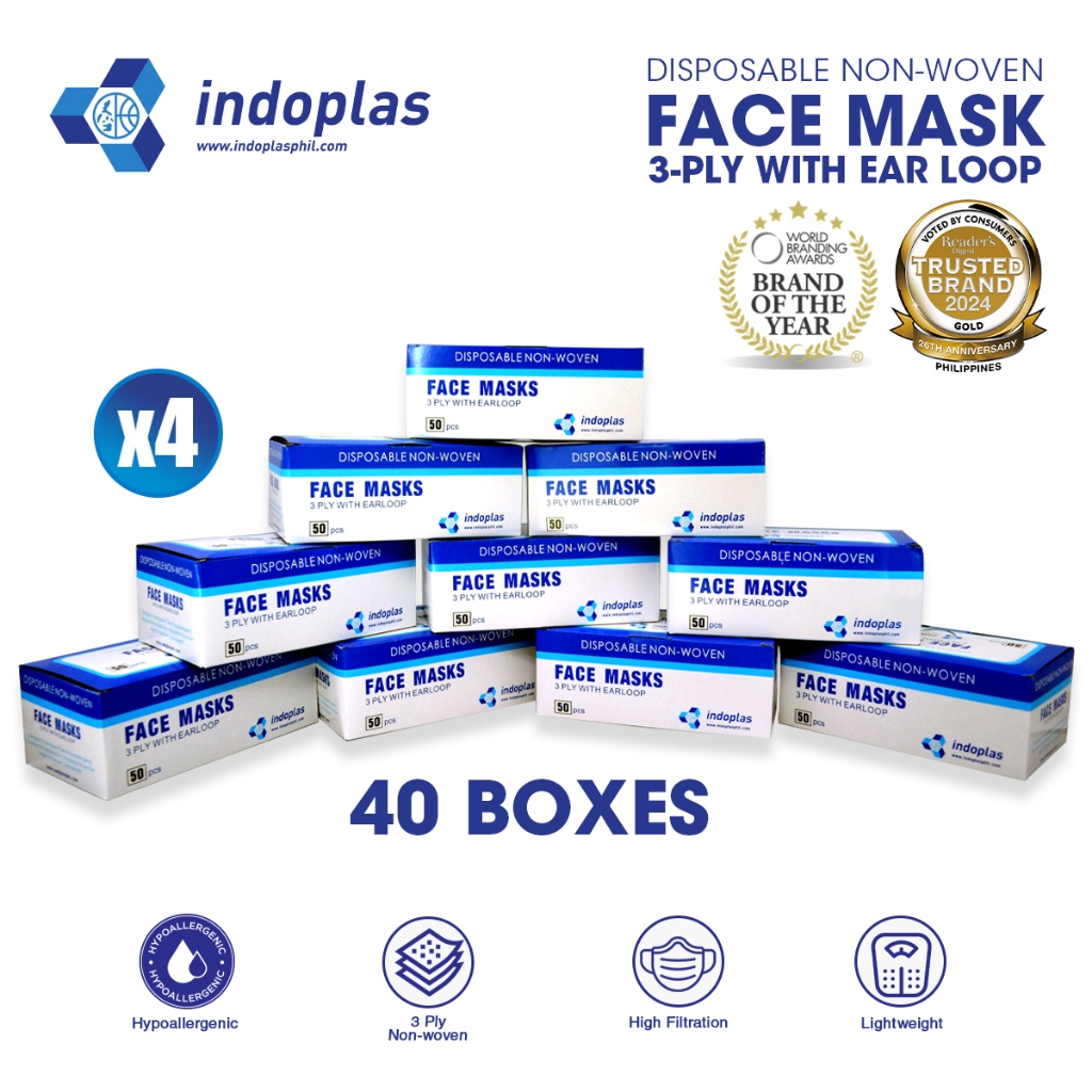 Indoplas Disposable Face Mask 3-Ply with Earloop 40 boxes (2000 pcs ...