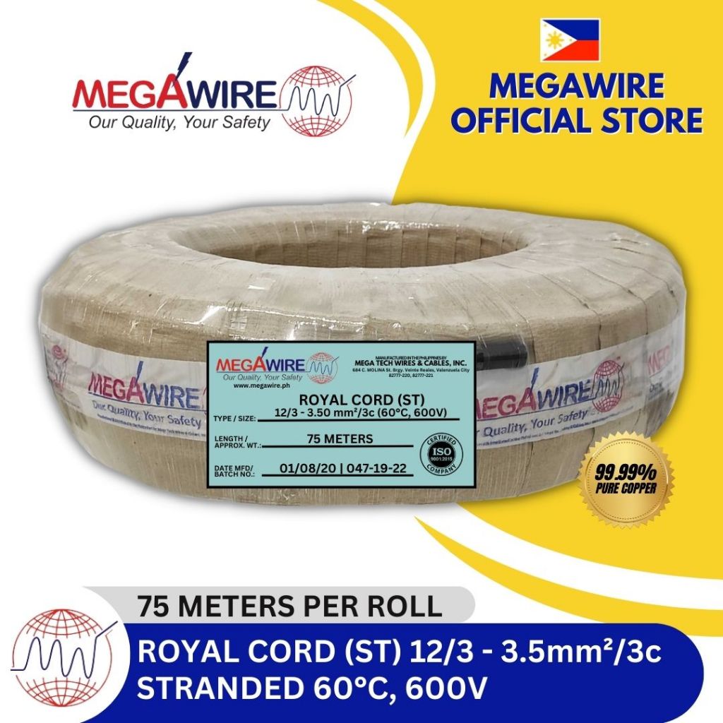 ROYAL CORD (ST) 12/3 - 3.5mm²/3c, 60°C, 600V - ROLL (75 Meter) BLACK ...