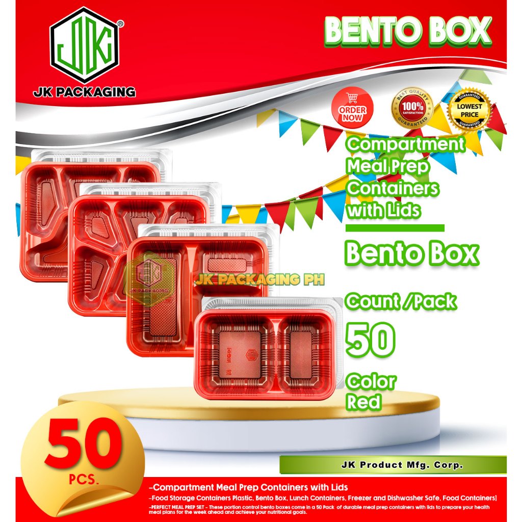 JK PACKAGING [ 50 PCS.] ( Meal Prep Containers w/ Lids ) Red Bento Box ...