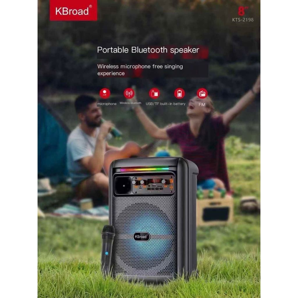 Speaker KTS-2198 8 Inch flame lights speaker wireless portable with wireless Mic Karaoke speaker ...