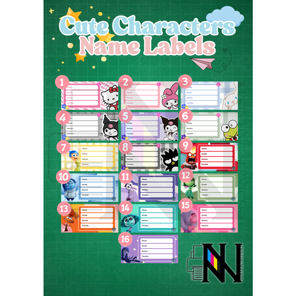 18 DESIGNS CUTE CHARACTERS NAME GRADE SECTION TEACHER LABEL FOR ...