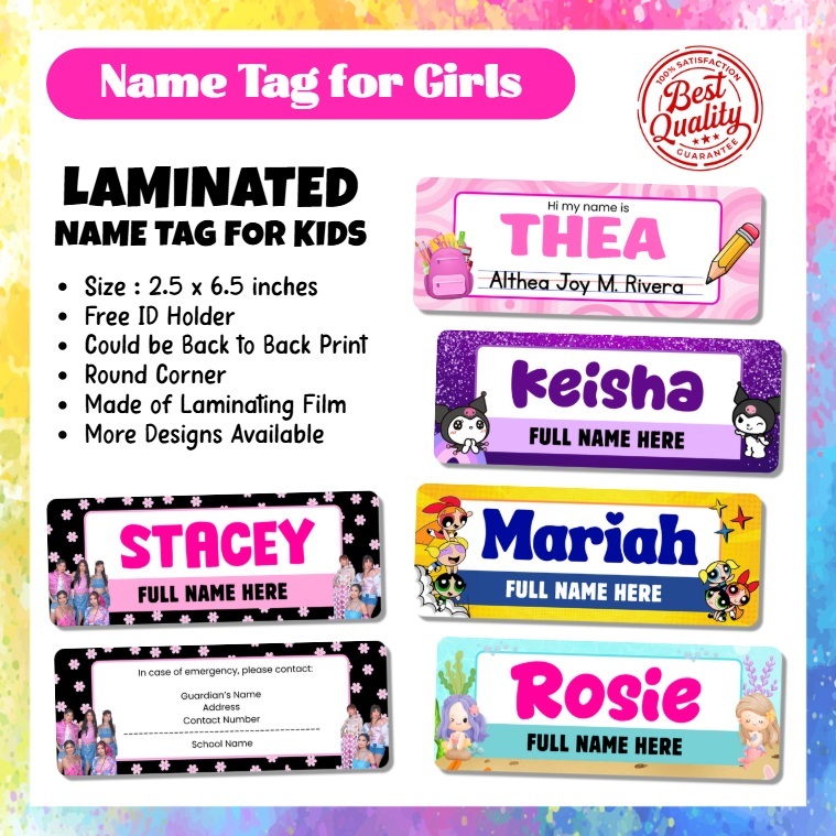 *NEW | Laminated Name Tag/Plate for Girls w/ FREE ID Holder, Subject ...