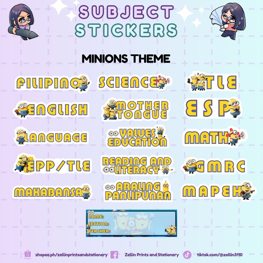 Minions Theme Subject Sticker Labels | Shopee Philippines