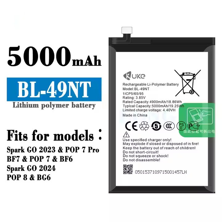 KUKE Lithium Battery BL-49NT Battery For Tecno Spark GO 2023 POP 7 PRO ...