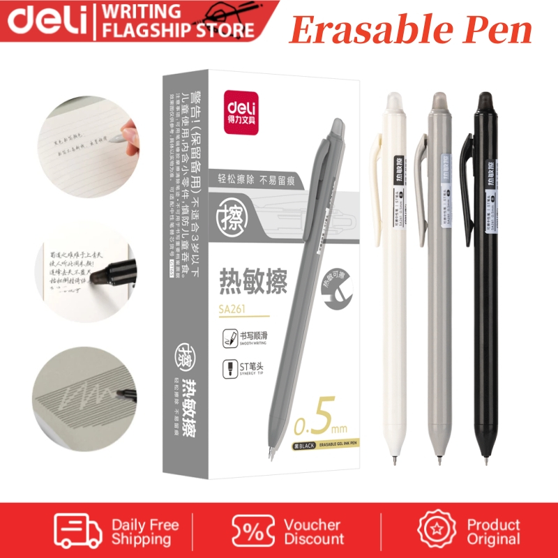 Deli Erasable Press Pen Erasable Gel Pen 0.5mm Ballpen Black Ink ST ...